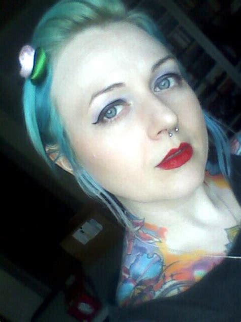Blue Hair Teal Hair Tattoos Neck Tattoos Pinup Pale Skin Red Lips