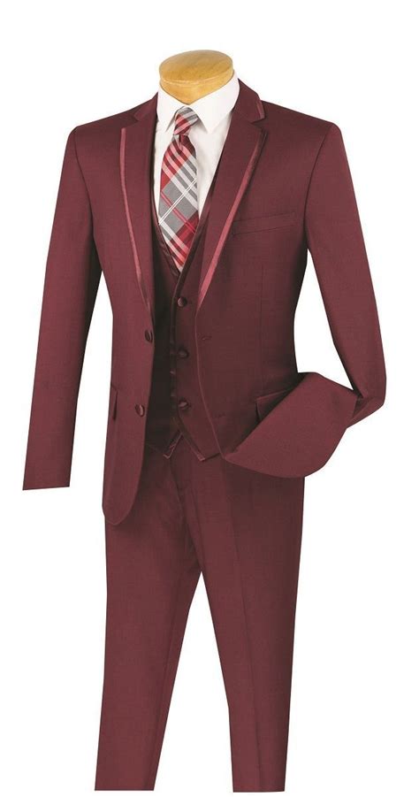 Vinci Mens 3 Piece Wool Feel Slim Fit Suit Lapel Accent