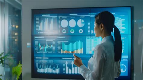 Businesswoman Analyzing Data On Large Screen Data Analysis Large Screen