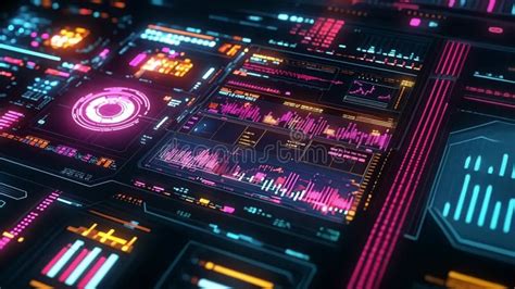 Futuristic Neon Glowing User Interface Showing Various Data And