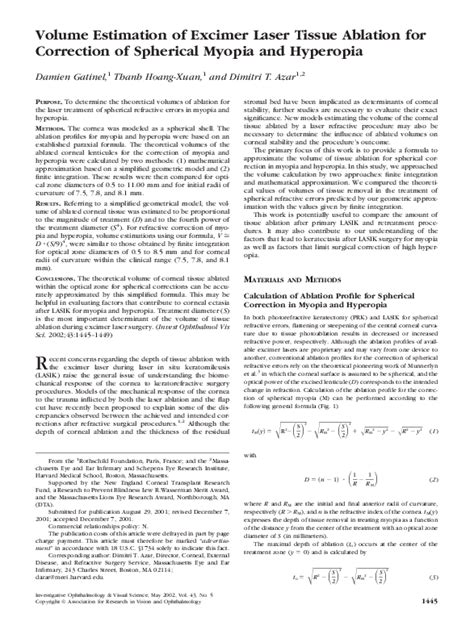 Pdf Volume Estimation Of Excimer Laser Tissue Ablation For Correction Of Spherical Myopia And