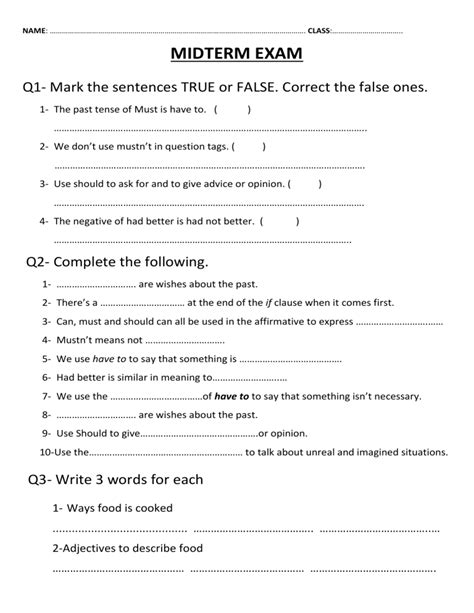 English Midterm Exam Grammar Vocabulary