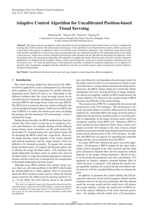 PDF Adaptive Control Algorithm For Uncalibrated Position Based Visual