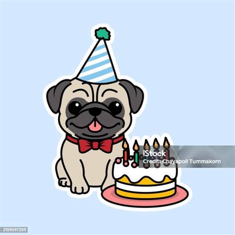 귀여운 퍼그 강아지 생일 케이크 만화 벡터 일러스트 레이 션 생일에 대한 스톡 벡터 아트 및 기타 이미지 생일 퍼그 개