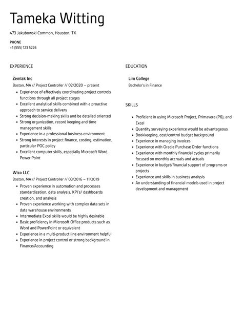 Project Controller Resume Samples Velvet Jobs
