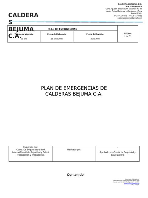 Plan De Emergencias Calderas Bejuma Ca Pdf Seguridad Y Salud
