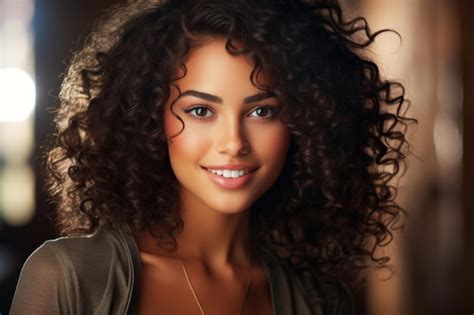 Premium Photo Woman With Curly Hair Is Smiling And Looking At Camera