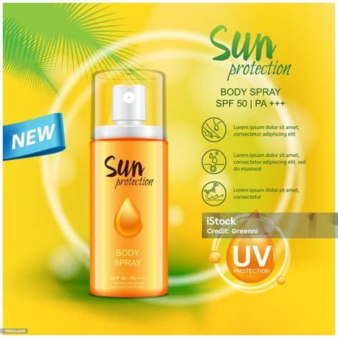 태양 보호 화장품 썬 케어 스프레이 벡터 3d 일러스트 잡지 또는 광고 모의 광고에 대한 스톡 벡터 아트 및 기타 이미지 광고 노랑 마케팅 Istock