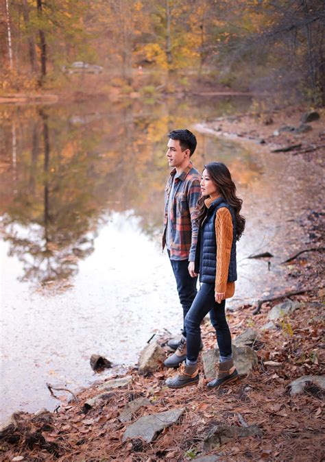 Fall Outdoors Engagement Couple Photos His And Hers Outfit Ideas