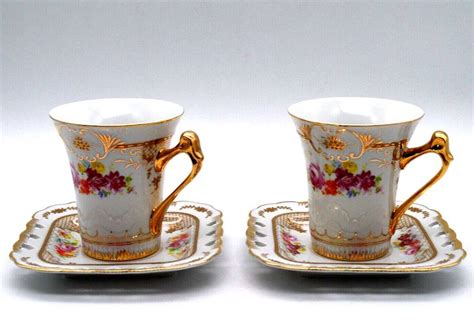 Royal Scotland Hand Painted Heavy Gilt Floral Set Of 2 Tea Cups