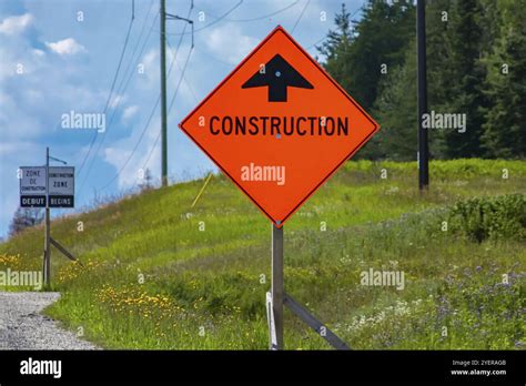 Temporary Condition Road Signs Construction Work On Canadian Rural