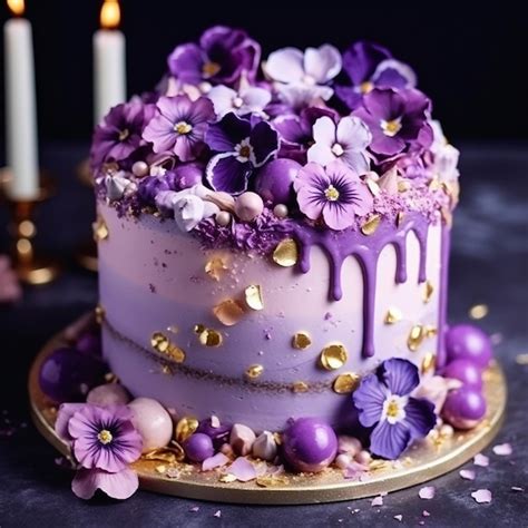 Premium Ai Image A Cake With Purple Flowers And Gold Icing On Top Of It