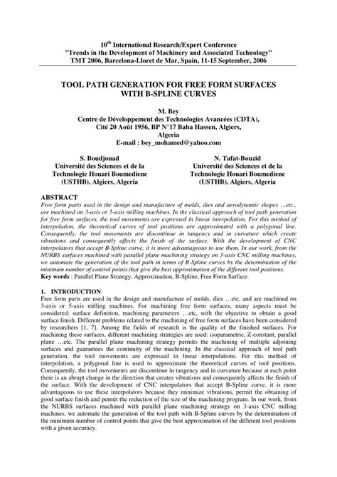Pdf Tool Path Generation For Free Form Surfaces With B Spline Curves