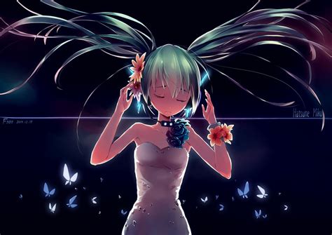 デスクトップ壁紙 図 フラワーズ 長い髪 目を閉じた アニメの女の子 白いドレス ブレスレット バタフライ ボーカロイド
