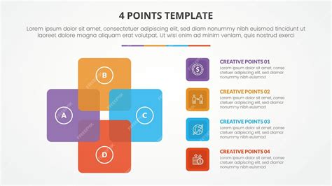 4 포인트 스테이지 리스트 템플릿 인포그래픽 슬라이드 프레젠테이션 컨셉 평평한 스타일의 사각형 모양 사이클 무료 벡터