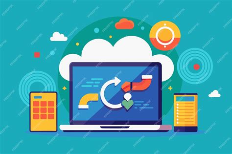 Premium Vector A Laptop Displays Cloud Data Backup Visuals Flanked By A Smartphone And