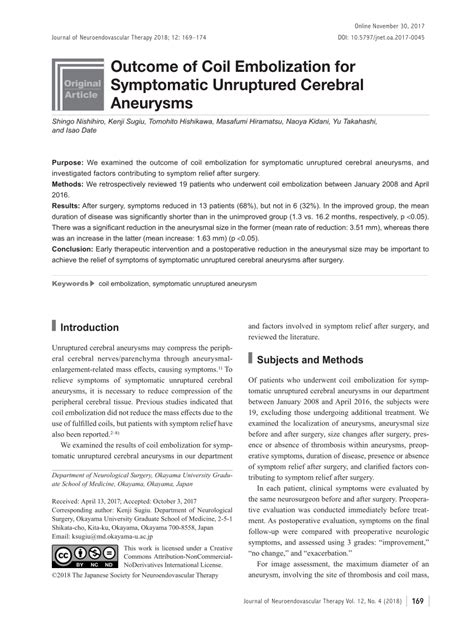 Pdf Outcome Of Coil Embolization For Symptomatic Unruptured Cerebral Aneurysms