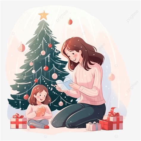 一個女孩和她的母親在聖誕樹附近 聖誕節的室內裝飾 聖誕家庭 冬天的家庭png去背圖片素材免費下載，免摳圖設計圖案下載 Pngtree