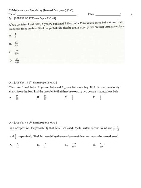 S5 Mathematics Probability Internal Past Paper Mc Pdf