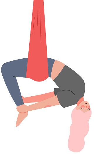 에어 요가를하는 소녀 해먹 건강한 라이프 스타일 피트니스 운동 개념 만화 스타일 벡터 일러스트와 에어로 요가 연습 스포츠웨어에서