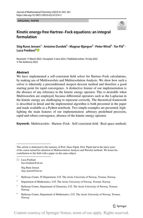 Pdf Kinetic Energy Free Hartreefock Equations An Integral Formulation