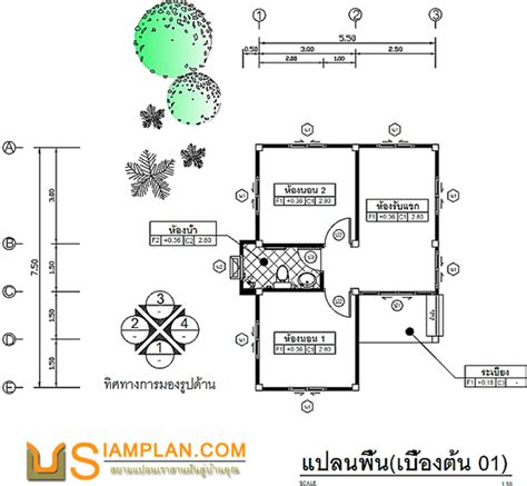 แปลนพื้น แปลนบ้าน รหัส Pp059 แบบบ้านชั้นเดียว 2 ห้องนอน 1 ห้องน้ำ