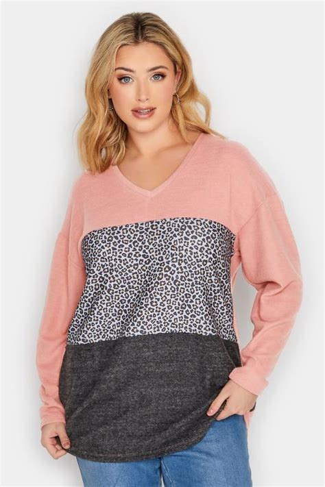 Curve Pink And Grey Leopard Print Colour Block Knit Soft Touch Top