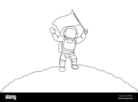 Single Continuous Line Drawing Science Astronaut In Moon Surface Waving Flag To Celebrate The