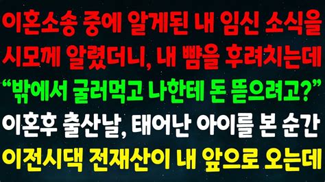 실화사연 이혼소송 중 알게된 내 임신 소식을 시모께 알렸더니 밖에서 굴러먹고 돈 뜯으려고 이혼 후 출산날 태어난 아이를 본 순간 이전시댁 전재산이 내 앞으로
