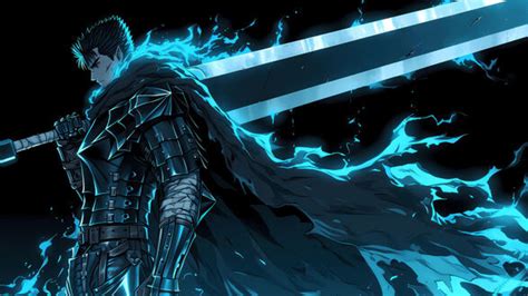 Обои на рабочий стол Гатс Guts с большим мечем на плече из аниме Берсерк Berserk рядом с