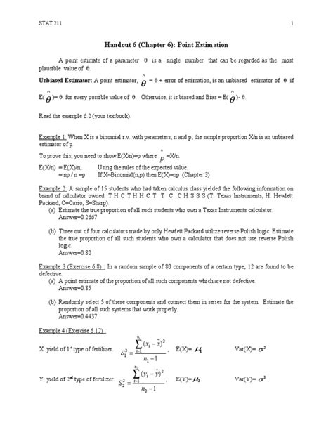 Handout 6 Chapter 6 Point Estimation Unbiased Estimator A Point Estimator Pdf Bias Of