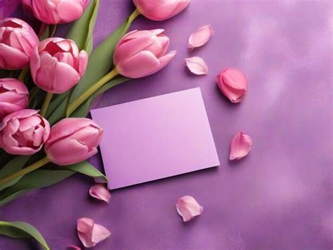 Premium Photo Top View Emty Card Mockup With Pink Tulips Flowers In Violet Paper Wrapper