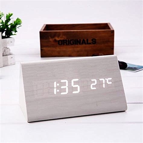 Dual Power Wooden LED Digital Alarm Clock Displays Time Date And Temperature
