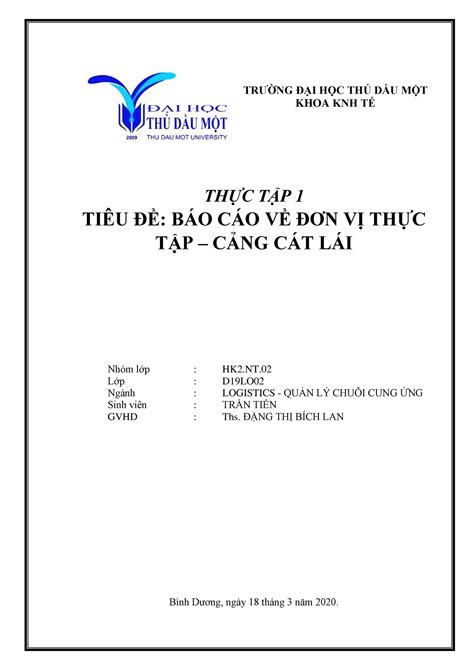 Bctt Báo cáo thực tập công ty logistics Cảng Cát Lái TRƢỜNG ĐẠI HỌC THỦ DẦU MỘT KHOA KNH