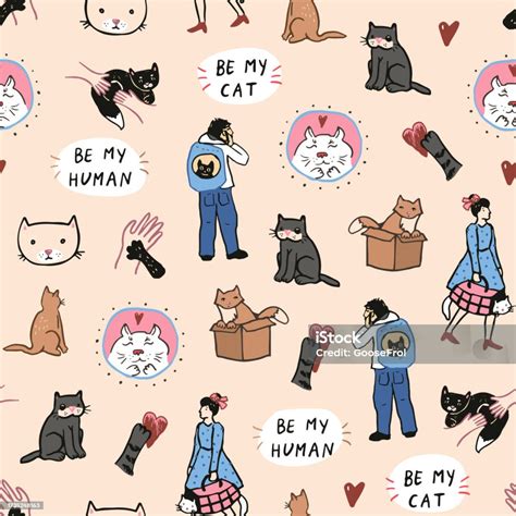 재밌는 고양이 고양이와 소년 고양이 매끄러운 패턴을 가진 소녀 가축에 대한 스톡 벡터 아트 및 기타 이미지 가축 고양이 새끼 귀여운 Istock