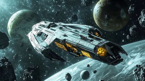 Futuristic Spaceship Exploring Outer Space Asteroid Field Backdrop Stock Illustration