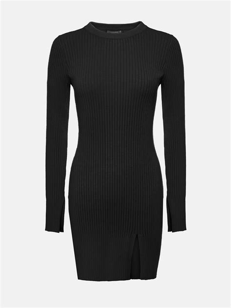 Mini Ribbed Dress With Slits At Cuffs And Skirt Lichi Online