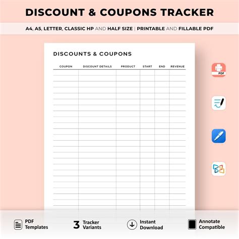 Discounts And Coupons Tracker Printable Business Coupon Planner Promo