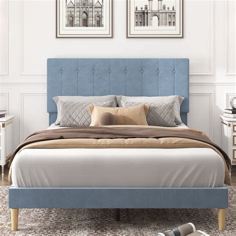 SYNGAR Full Size Upholstered Bed Frame Button Tufted Headboard Metal
