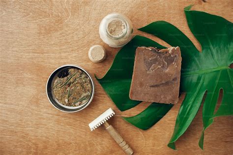 Foto Concepto De Residuo Cero Flat Lay Jabón Natural Champú Sólido