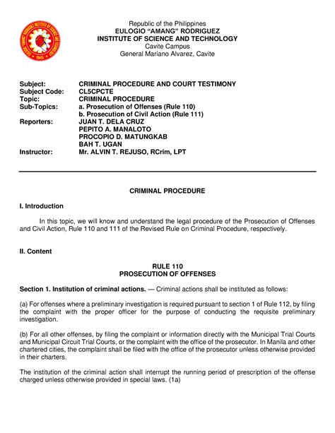4 Cl5 Cpcte 1 Rule 110 111 Republic Of The Philippines Eulogio “amang” Rodriguez Institute Of