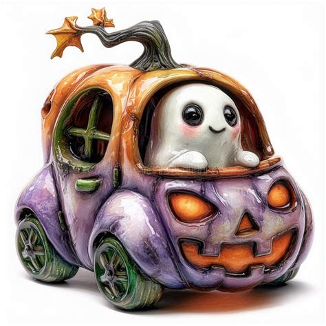A Whimsical Ghost Character Driving A Colorful Pumpkin Themed Car