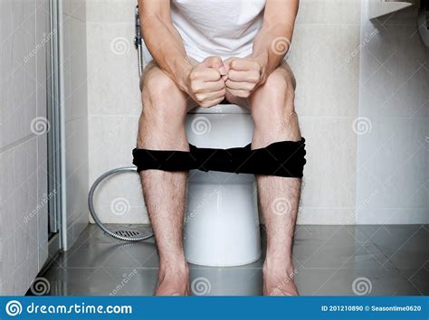 Man Unhappy Sitting In Toilet Diarrhea Constipation Health Concept