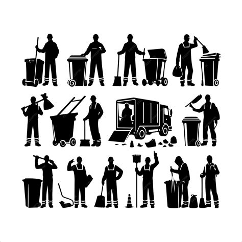Silhouette Of Garbage Men Set Collection With Waste Sorting Symbols