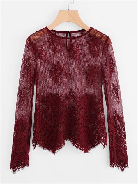 SHEIN Buttoned Keyhole Back Eyelash Lace Top Spitze Modestil Damenblusen