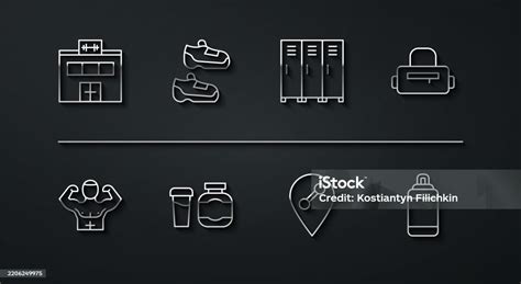 세트 라인 체육관 건물 보디 빌딩 근육 스포츠 가방 위치 체육관 스포츠 영양 운동화 펀칭 및 사물함 탈의실 아이콘 벡터 건강한 생활방식에 대한 스톡 벡터 아트 및 기타