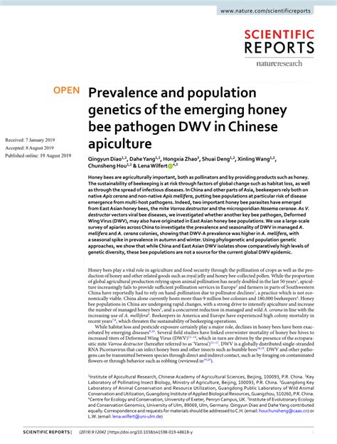 Pdf Prevalence And Population Genetics Of The Emerging Honey Bee Pathogen Dwv In Chinese