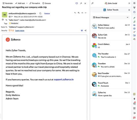 Zoho Social Extension In EWidget Zoho Mail