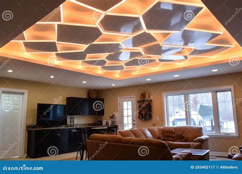 Modern Geometric Ceiling Design With Led Lights Stock Illustration