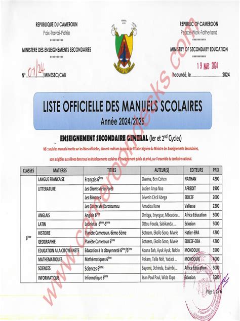 Liste Officielle Des Manuels Scolaires 2024 2025 Cameroun Minesec